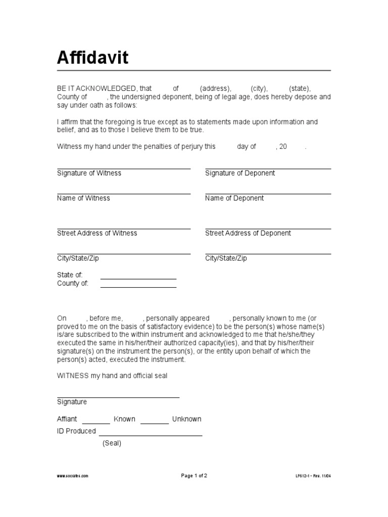 Affidavit: Signature of Witness Signature of Deponent | PDF