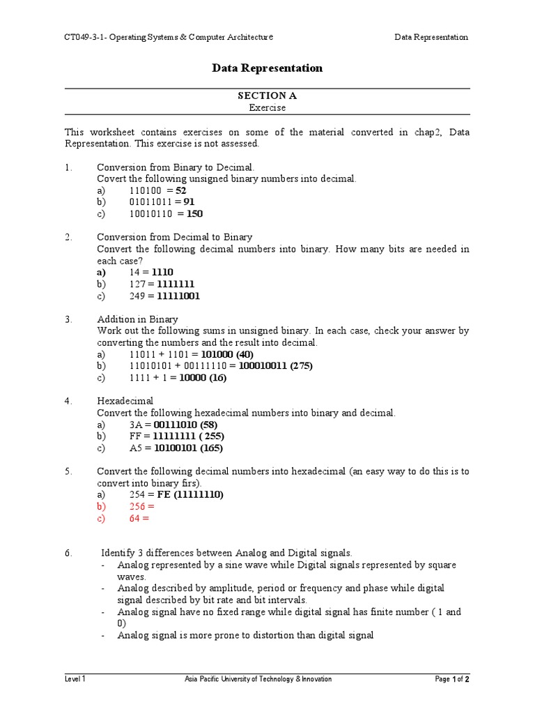 03 - Data Representation (Question) | PDF | Digital Signal | Decimal