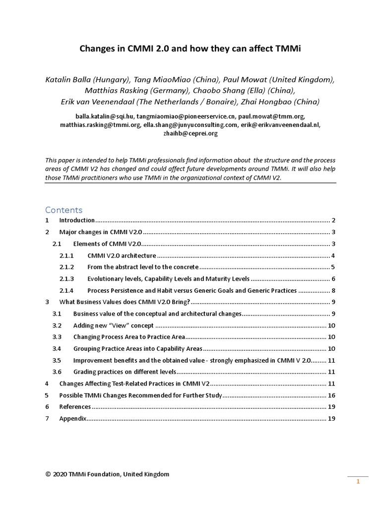 Changes in Cmmi 2.0 and How They Can Affect Tmmi | PDF | Systems ...