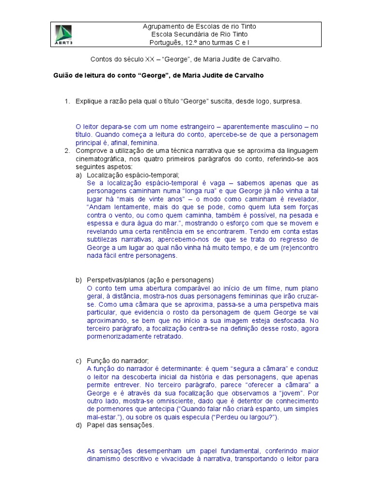Correção - Guião de Interpretação Do Conto - George - Cópia | PDF ...