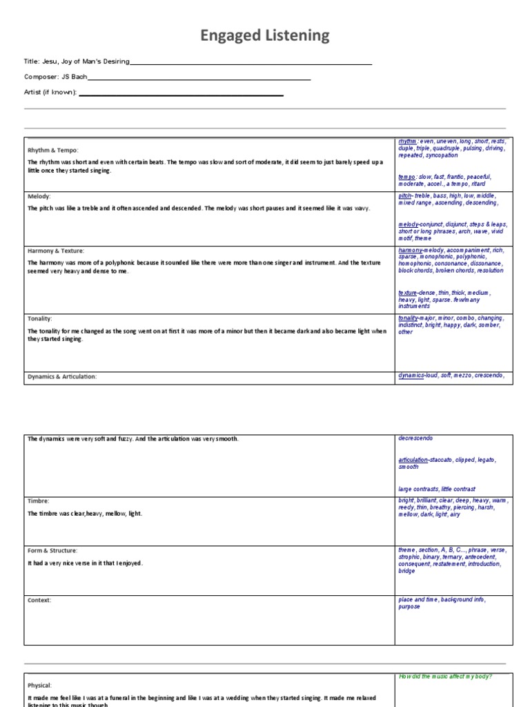 Engaged Listening Worksheet DONE | PDF | Harmony | Rhythm