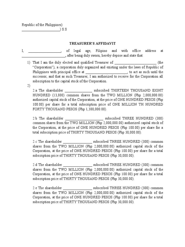 Treasurer's Affidavit for Share Subscriptions | PDF | Affidavit ...