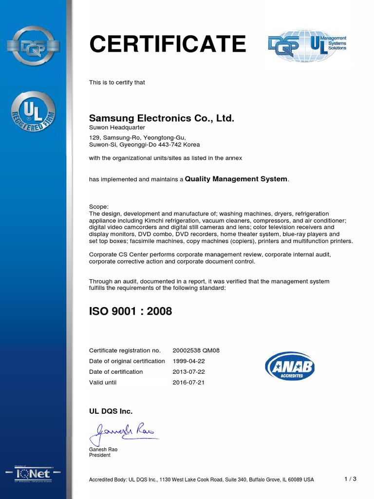 Certificate: Samsung Electronics Co., LTD | PDF | Home Appliance ...