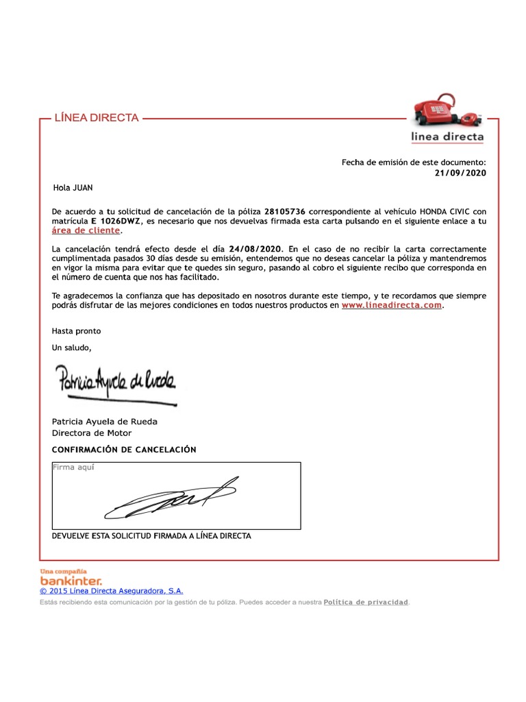 Cancelación de Tu Póliza #28105736 de Línea Directa | PDF