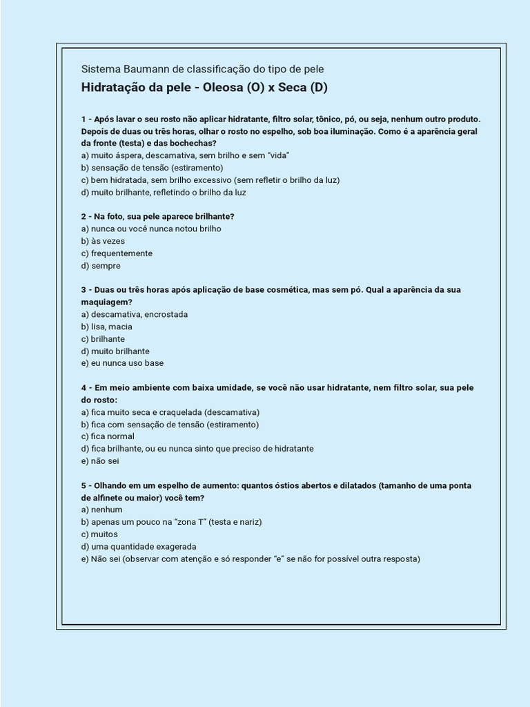 Questionário Baumann | PDF | Dermatite | Pele