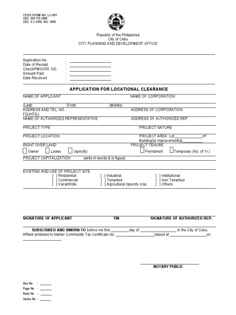 Application For Locational Clearance: SEC. 303 PD 1096 SEC. 3.2 ORD. NO ...