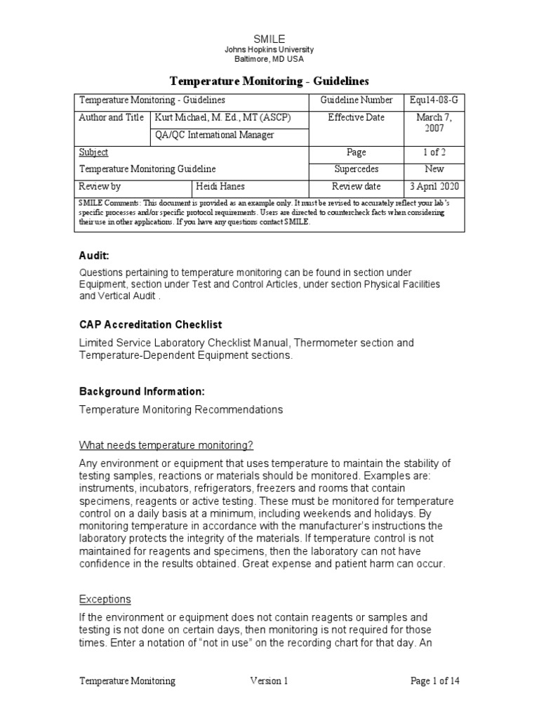 Laboratory Temperature Monitoring SOP | PDF | Thermometer | Calibration