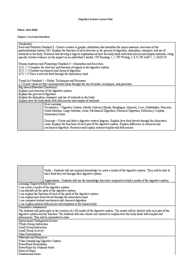 Digestive System Lesson Plan | PDF | Human Digestive System ...