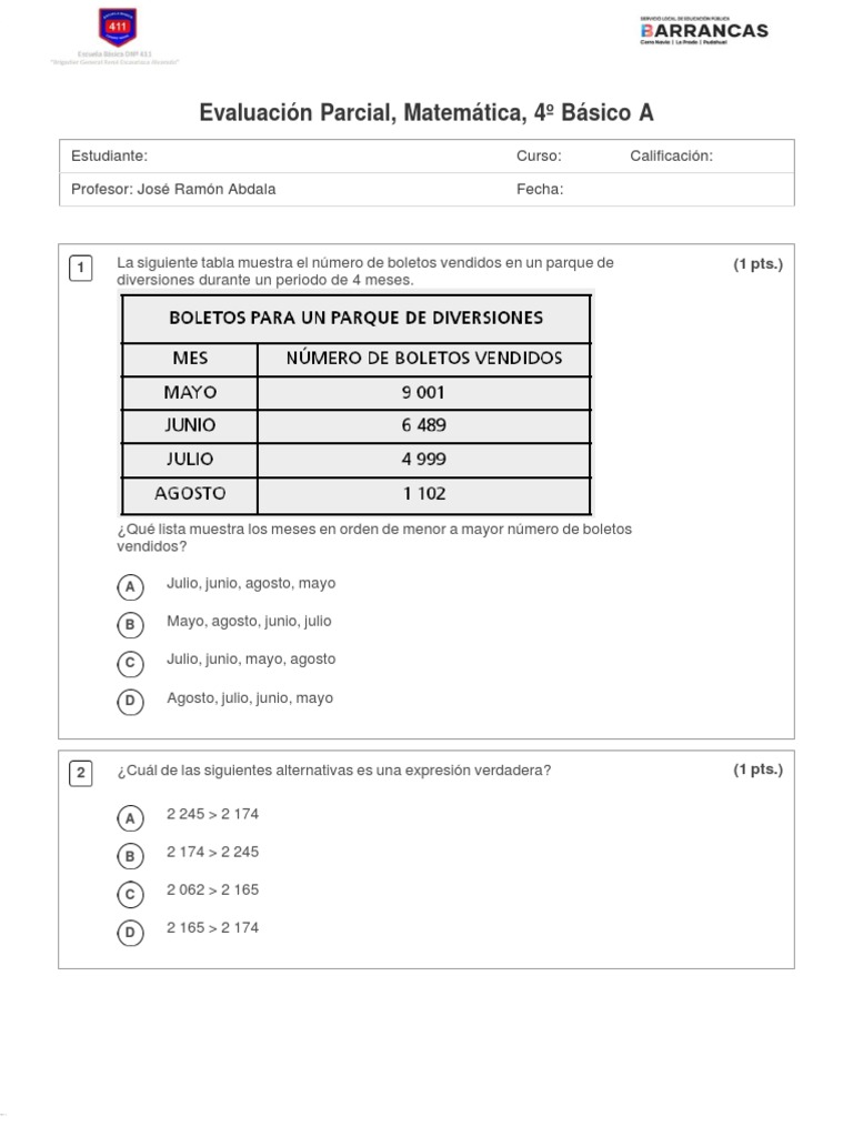 PRUEBA PARCIAL 4TO BASICO Matemáticas Números Hasta El 10.000 | PDF ...