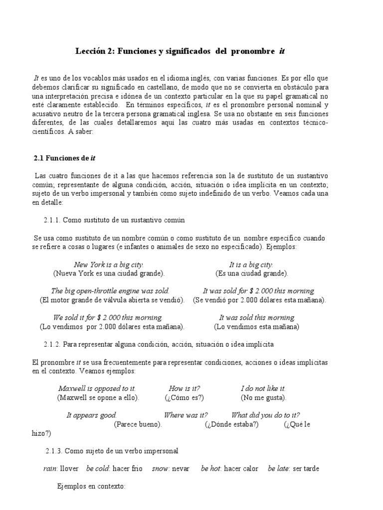 Funciones y significados del pronombre "it" | PDF | Sustantivo | Asunto ...