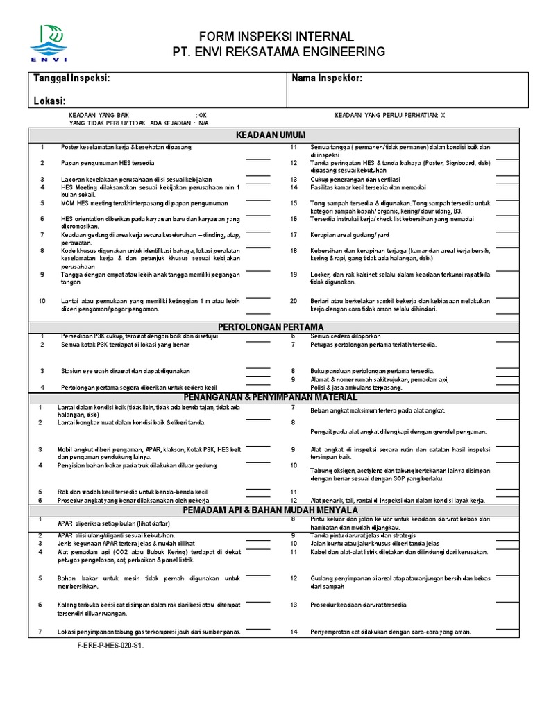 F-ERE-P-HES-020-S1. Form Inspeksi Internal | PDF