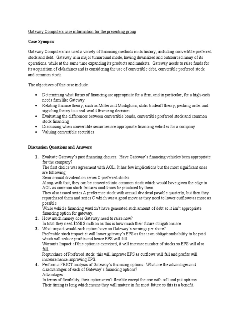 Gateway Computers Case Information | PDF | Stocks | Bonds (Finance)