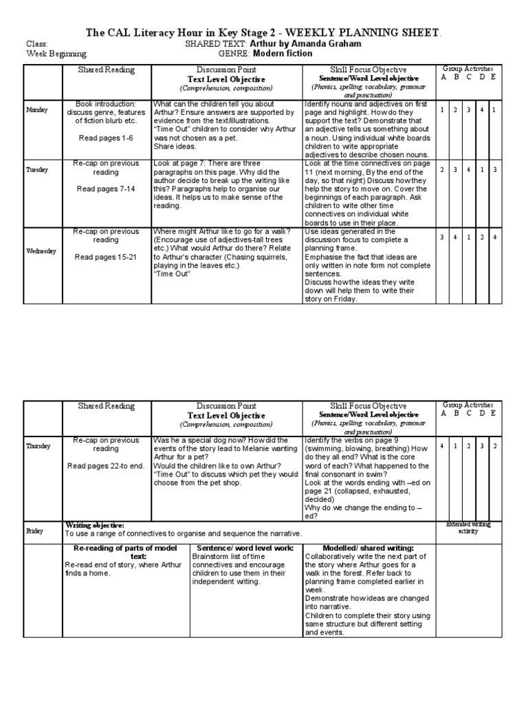 Weekly Planning for "Arthur" Text | PDF | Reading (Process) | Phonics