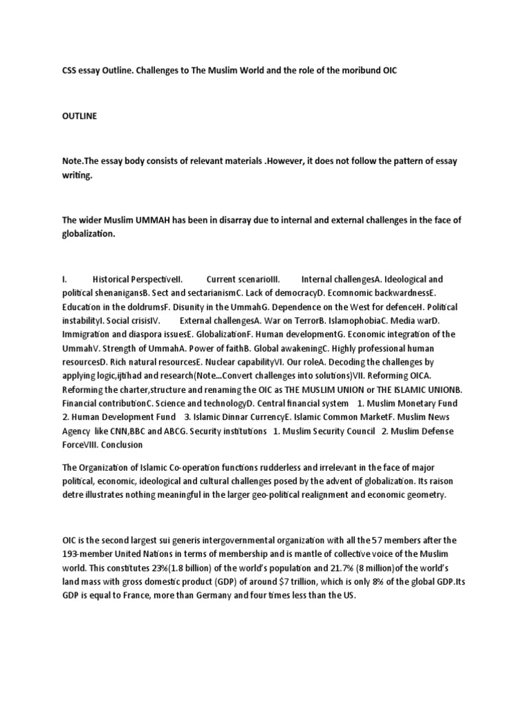 CSS Essay Outline OIC | PDF | Organisation Of Islamic Cooperation ...