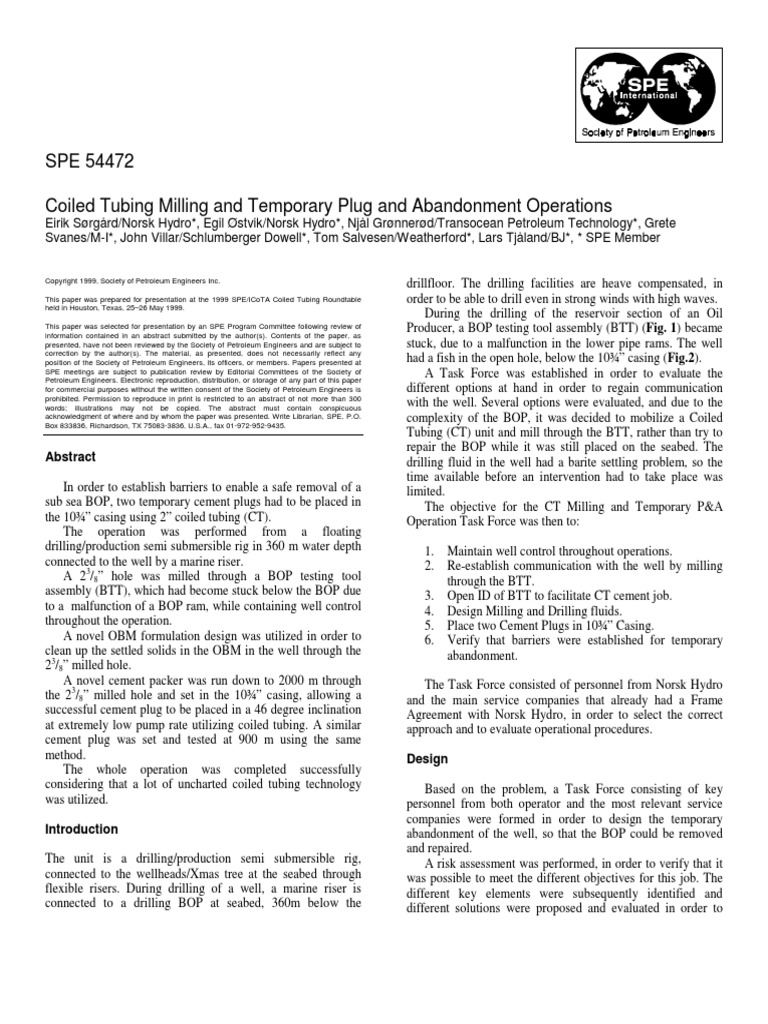 Coiled Tubing Milling and Temporary Plug and Abandonment Operations ...