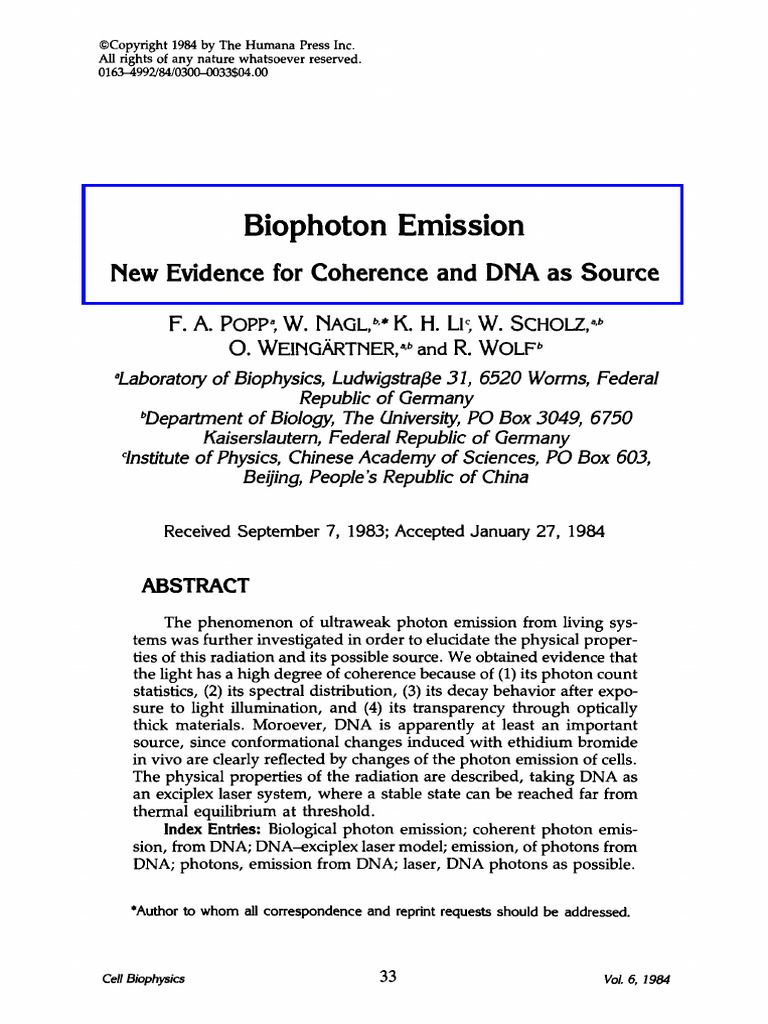 Biophoton Emission: New Evidence For Coherence and DNA As Source | PDF ...