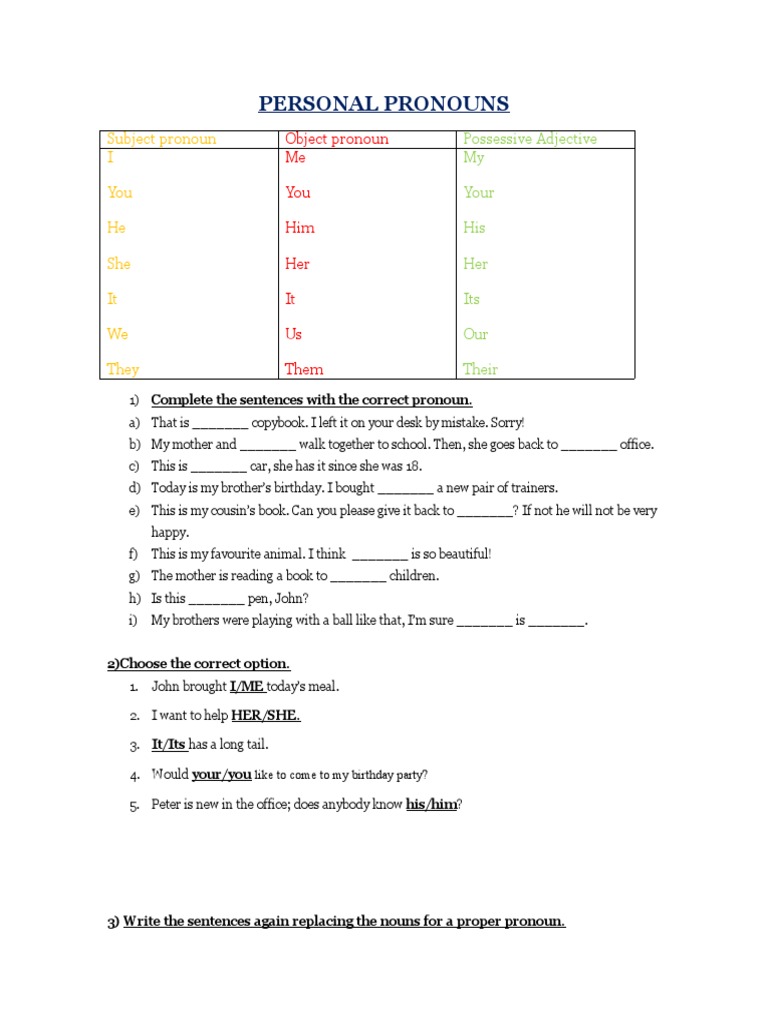 Personal Pronouns Subject Object Possessive 19980 | PDF | Pronoun ...