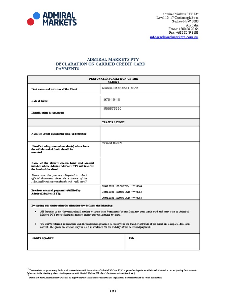 CC Declaration Form PTY | PDF | Credit Card | Payments