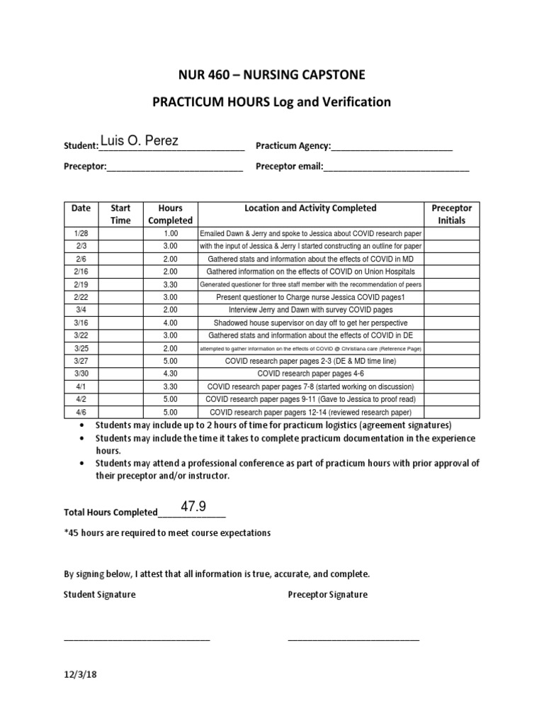 Nur 460 Practicum Hours Verification Pdf Business 