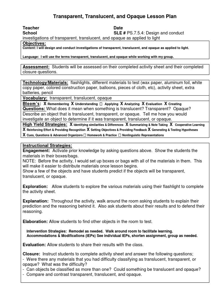 Transparent, Translucent, and Opaque Lesson Plan | PDF | Individualized ...