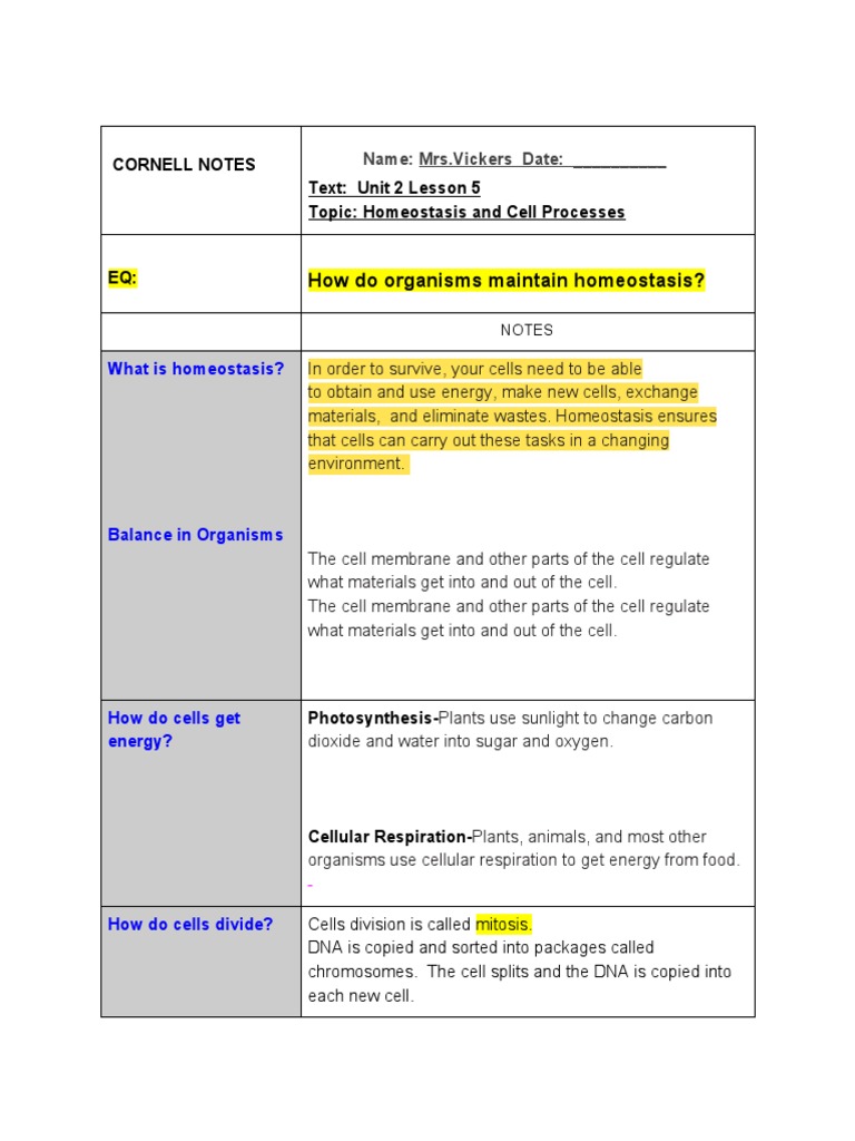 Homeostasis in Organisms: Cornell Notes | PDF | Homeostasis | Cell ...