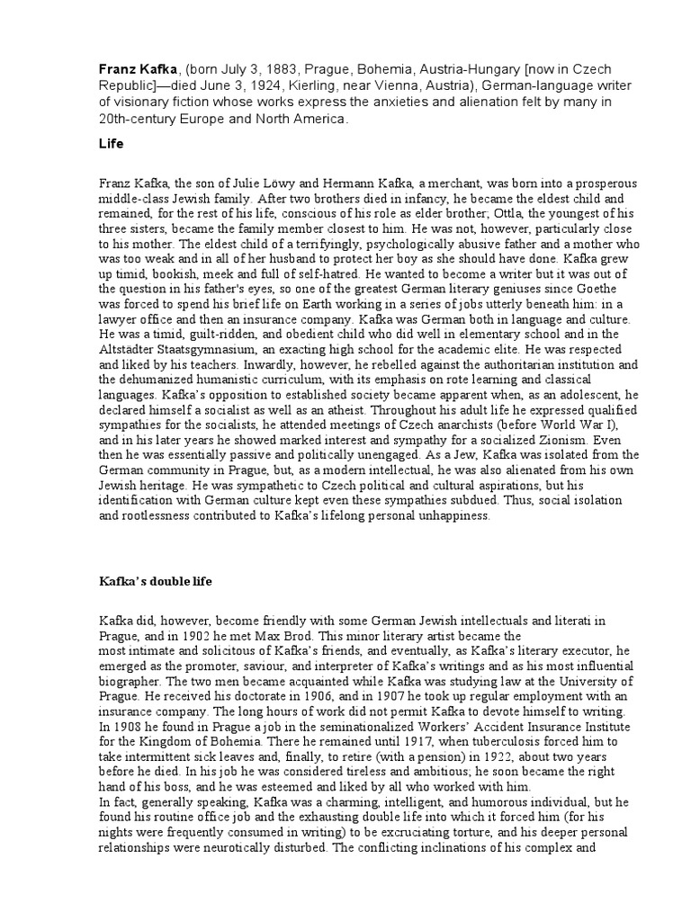 Franz Kafka Biography (Text) | PDF | Franz Kafka | The Metamorphosis Franz Kafka Biography (Text) | PDF | Franz Kafka | The Metamorphosis