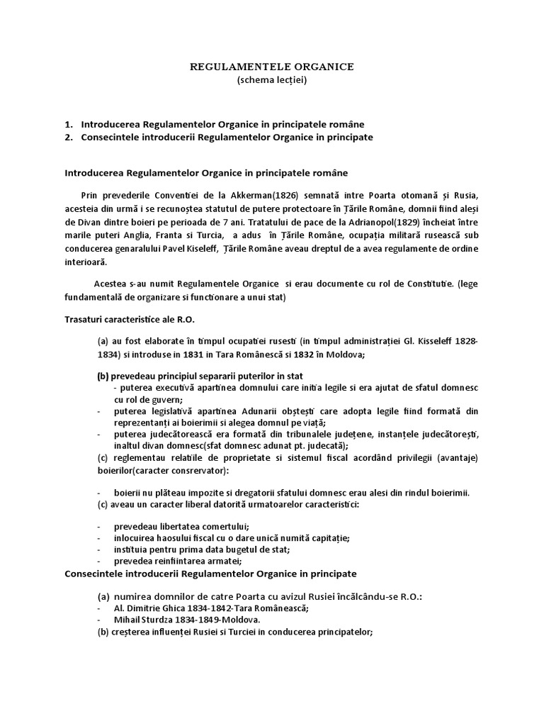 Regulamentele Organice - Schema Lectiei | PDF