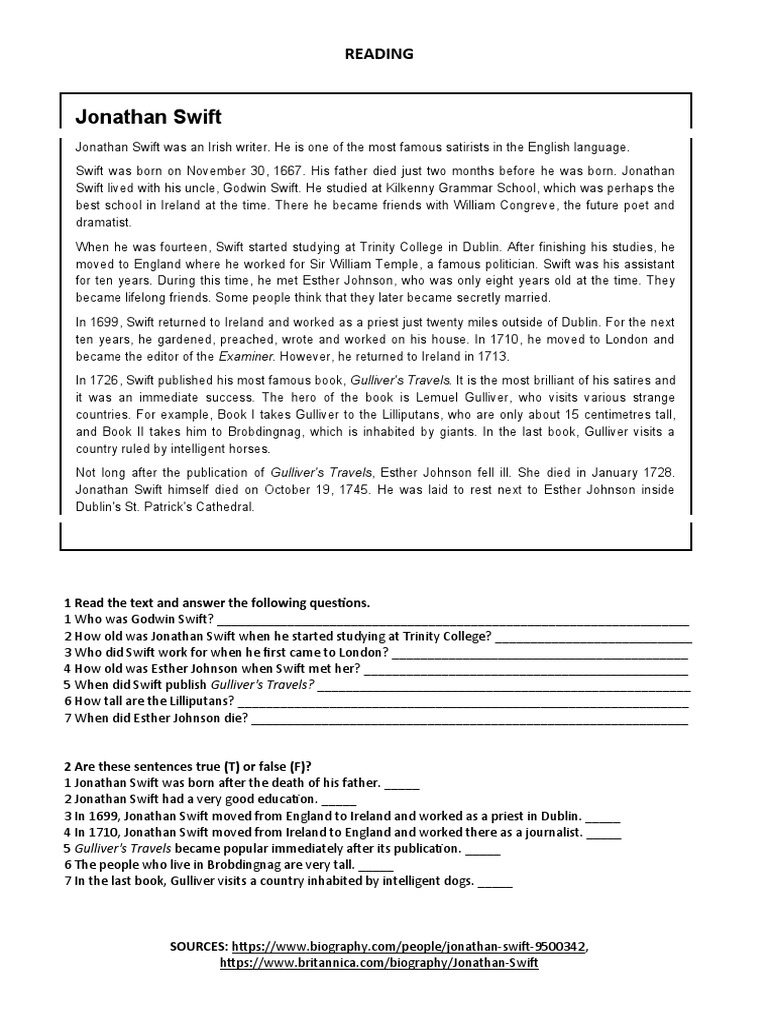 Jonathan Swift Reading Reading Comprehension Exercises - 99666 | PDF ...