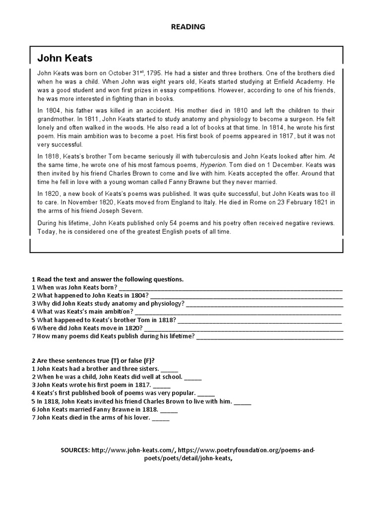 John Keats Reading Reading Comprehension Exercises 99519 | PDF | John ...
