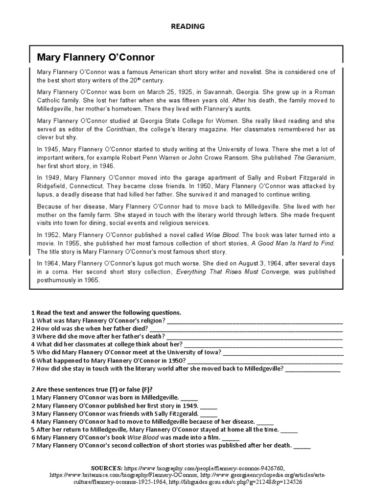 Mary Flannery Oconnor Reading Reading Comprehension Exercises - 101174 ...