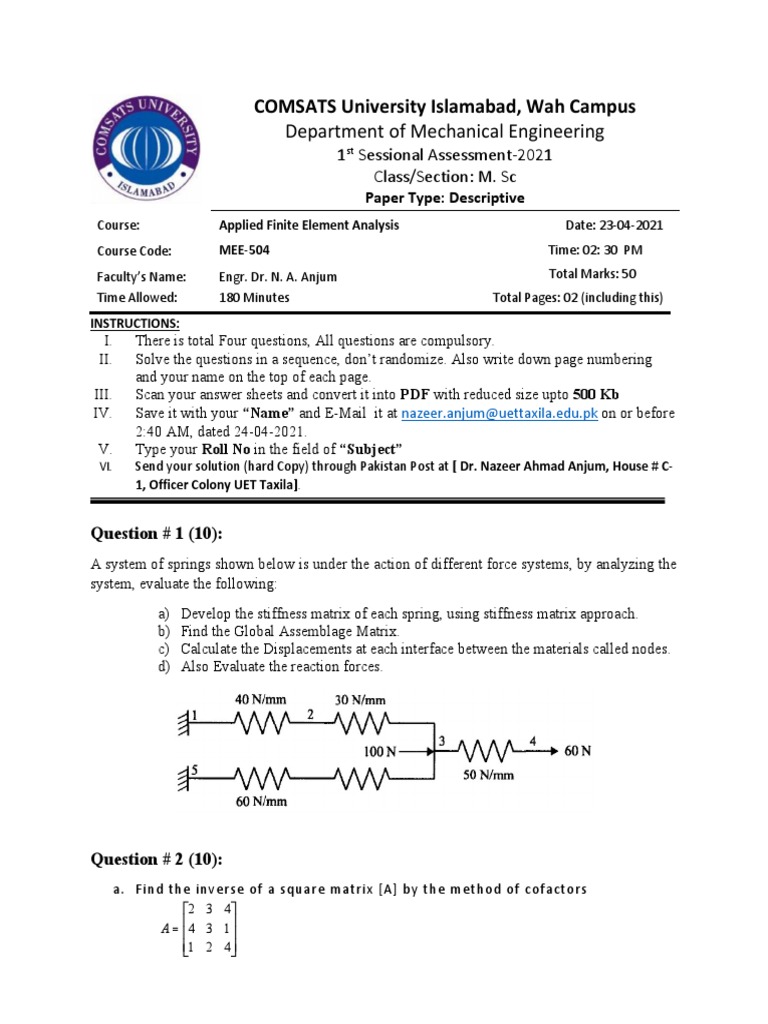 MID Exam - 2021 FEA | PDF | Matrix (Mathematics) | Linear Algebra