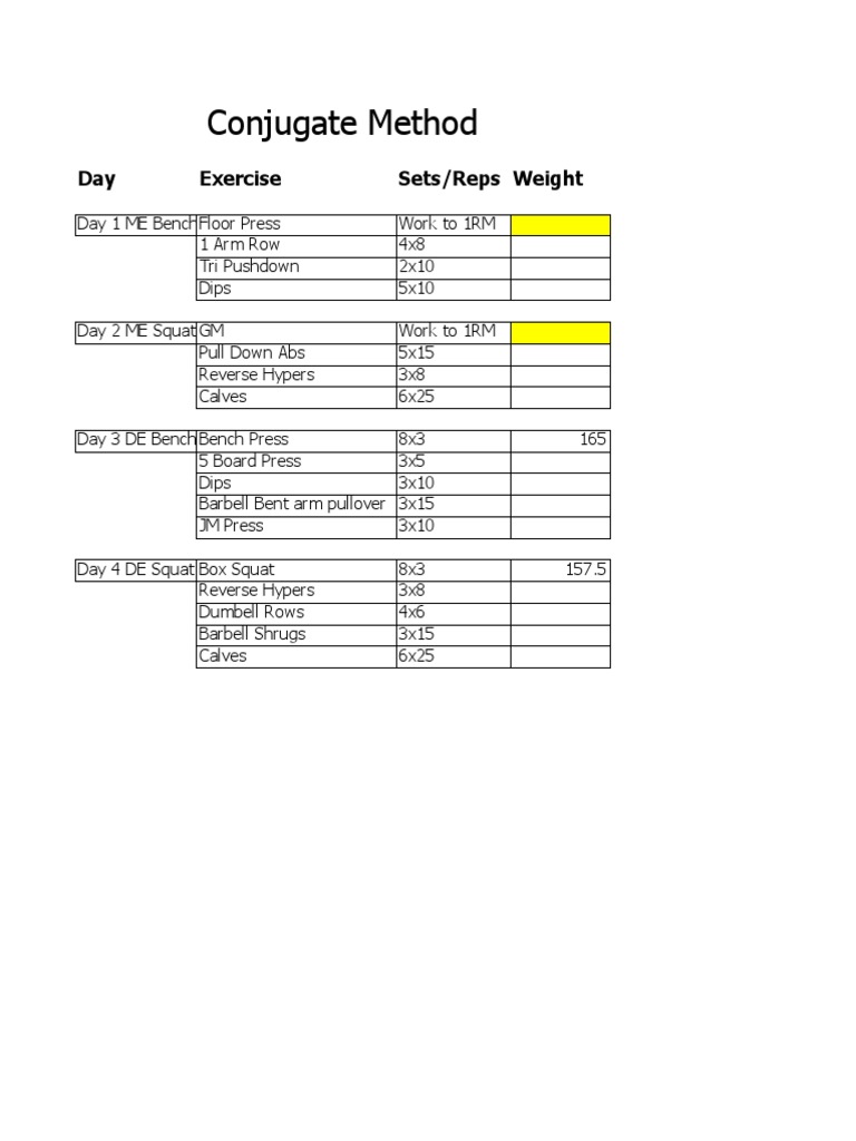 Conjugate Method: Day Exercise Sets/Reps Weight | PDF | Teaching ...