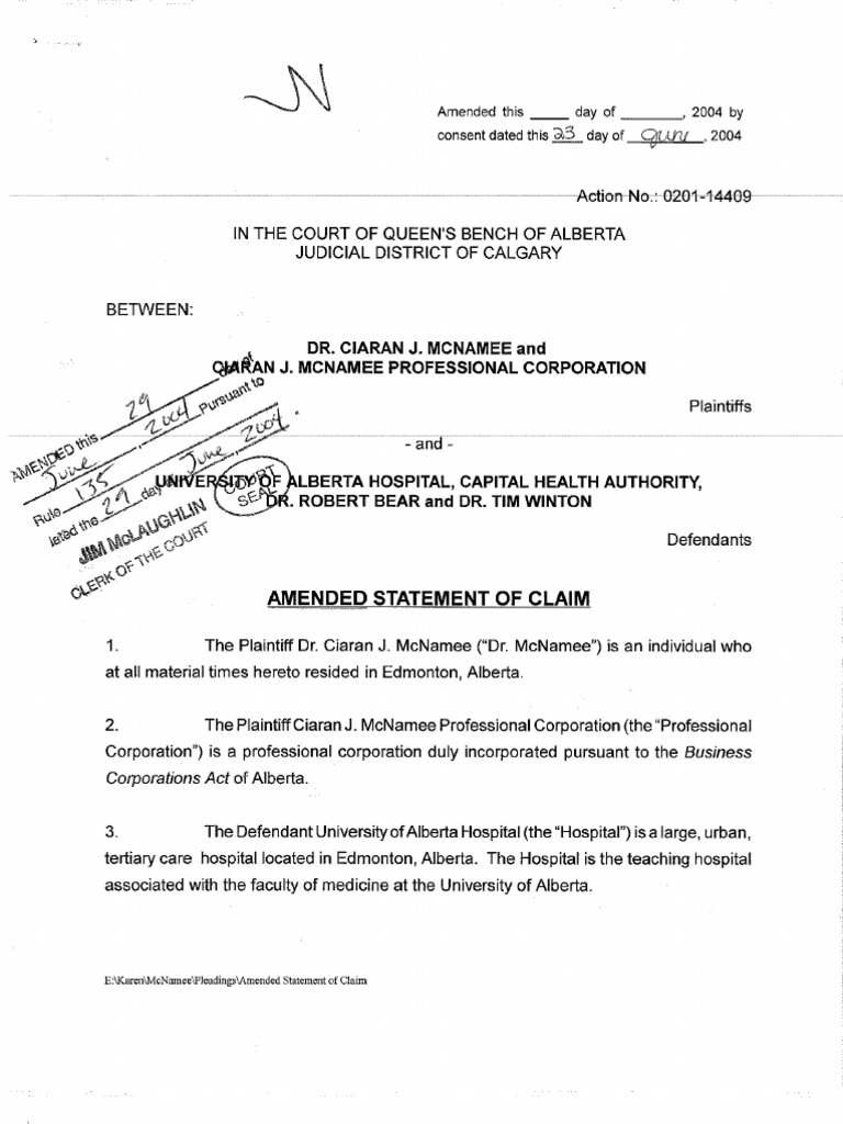 Dr. Ciaran McNamee's amended statement of claim.