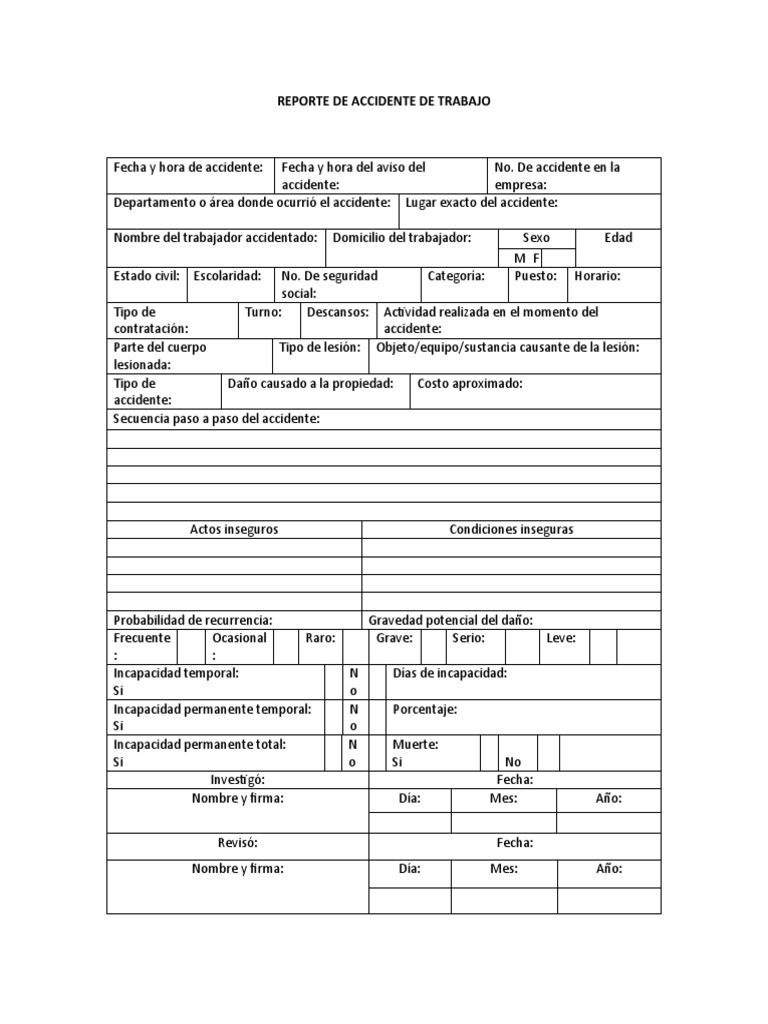 formato reporte de accidente de trabajo