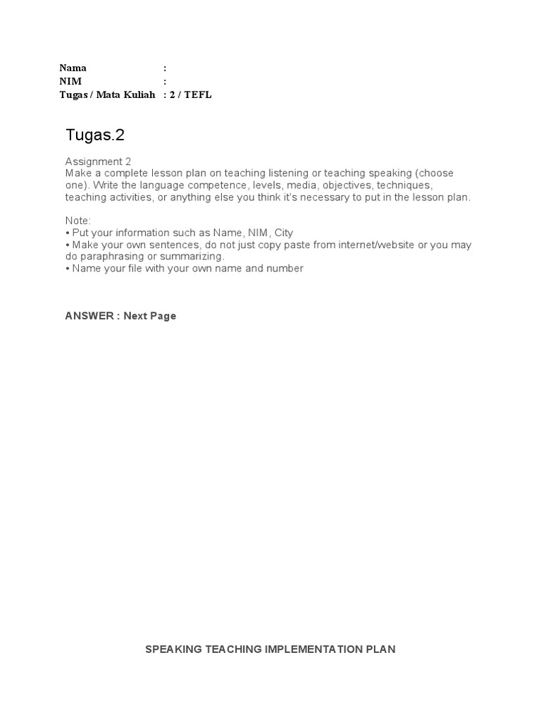 Tugas 2 - TEFL Universitas Terbuka UPBJJ Jember | PDF | Teachers | Lesson Plan