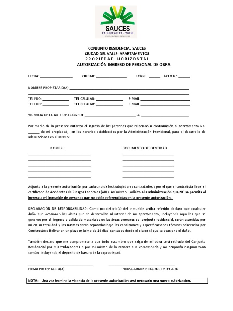 Autorizacion de Ingreso Personal de Obra Sauces | PDF | Naturaleza