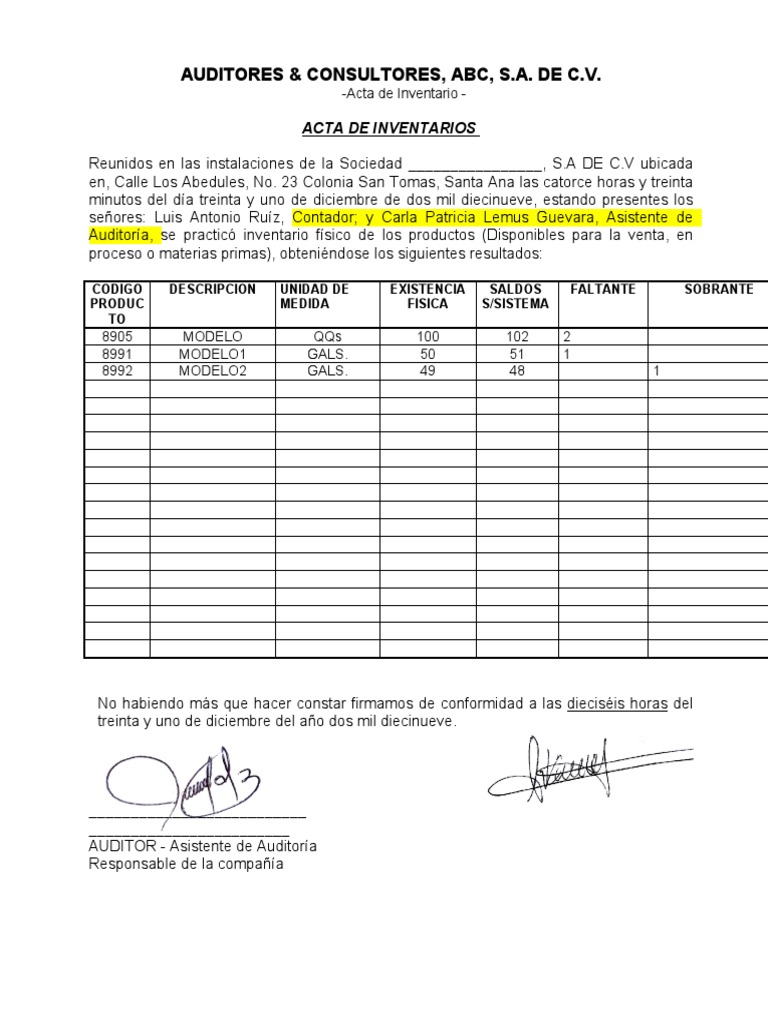 Acta de Inventario Fisico | PDF