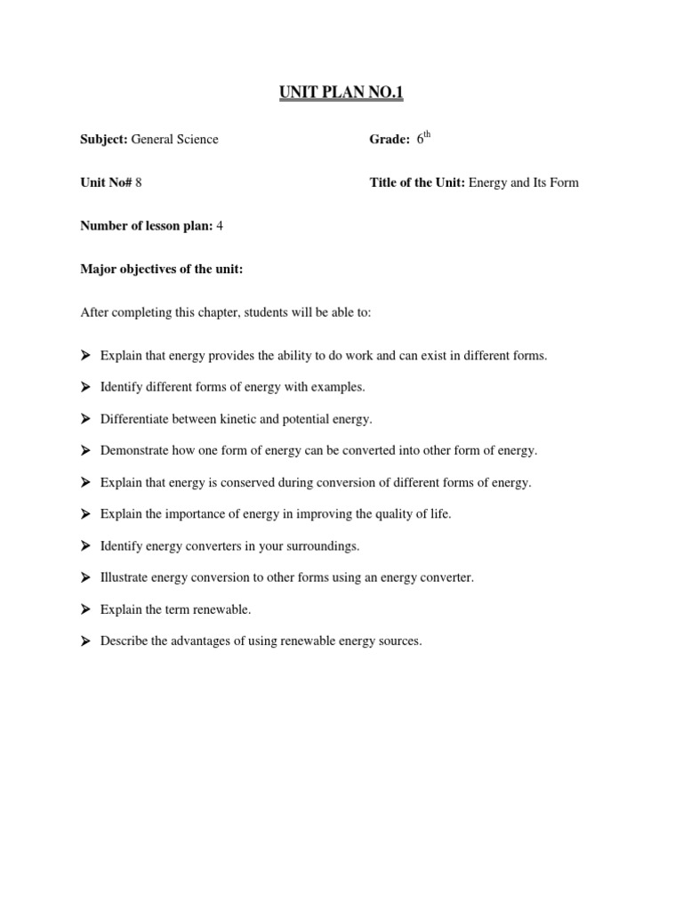 Unit Plan No.1: Subject: General Science Grade: 6 | PDF | Chemical ...