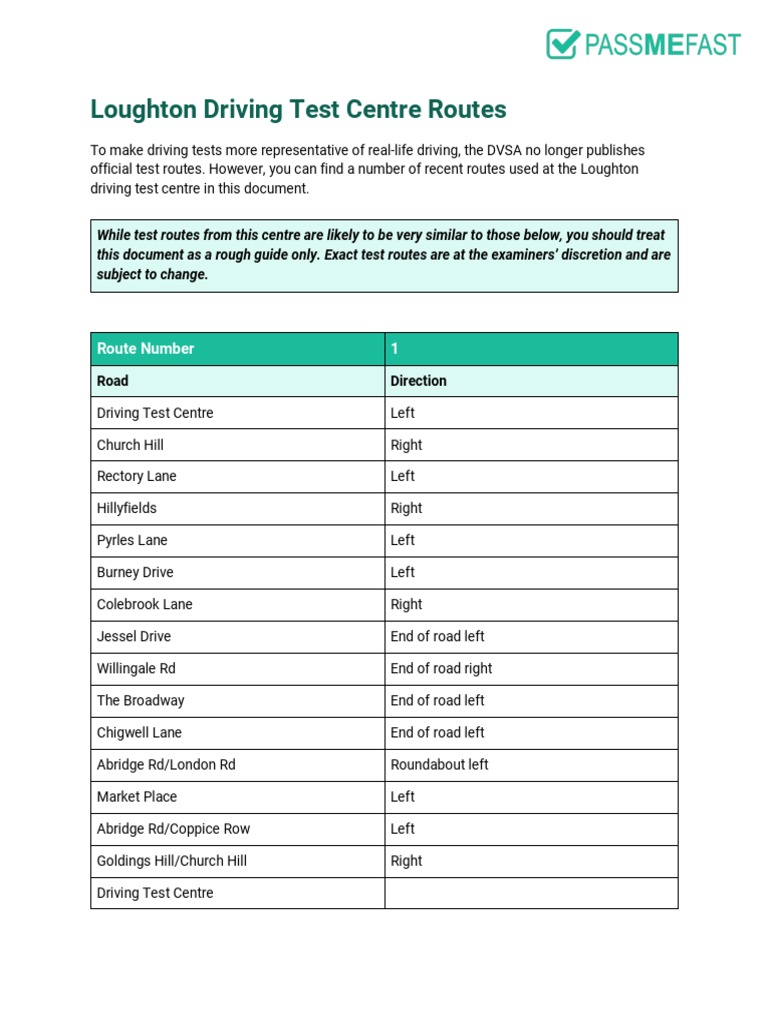 Loughton Driving Test Centre Routes: Route Number 1 | PDF | Road ...
