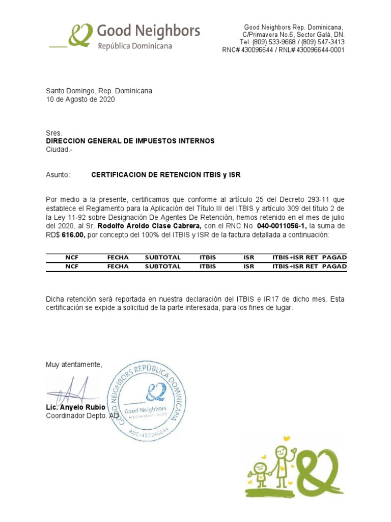 Certificación de Retención ITBIS e ISR | PDF