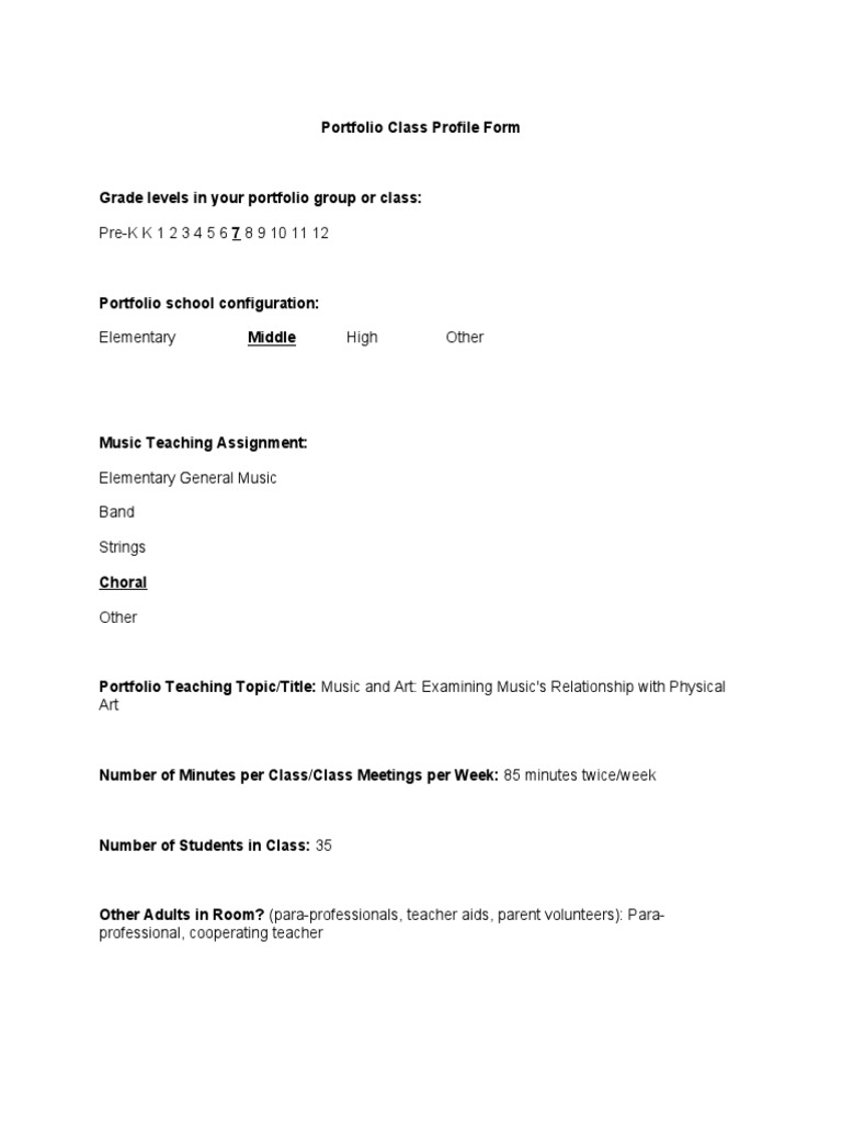 Music and Art Class Profile Form | PDF | Teachers | Paintings