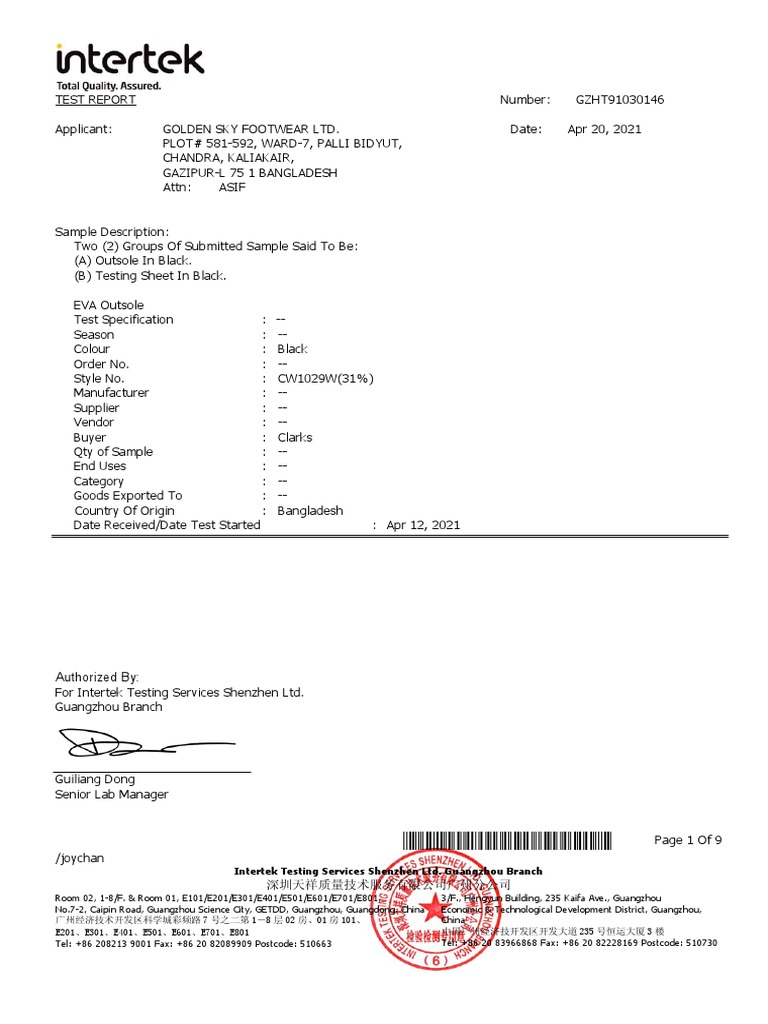GZHT91030146 : Intertek Testing Services Shenzhen Ltd. Guangzhou Branch ...