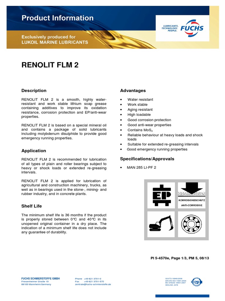 Renolit FLM 2: Description Advantages | PDF | Lubricant | Corrosion