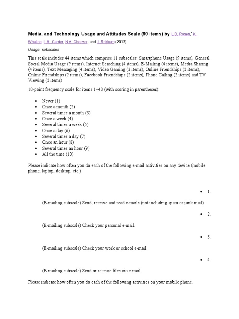 Media. and Technology Usage and Attitudes Scale (60 Items) by | PDF ...