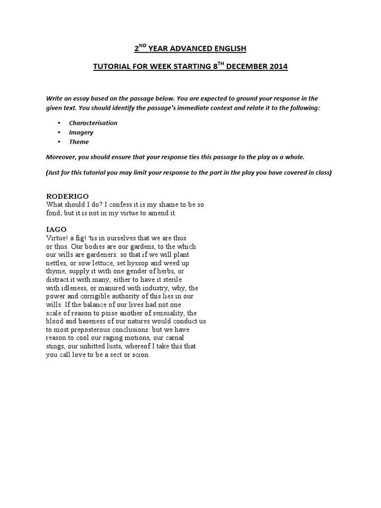 Act 1 TUT2 - 08 - 12 - 14 - Gobbet and Guidelines | PDF | Othello | Iago