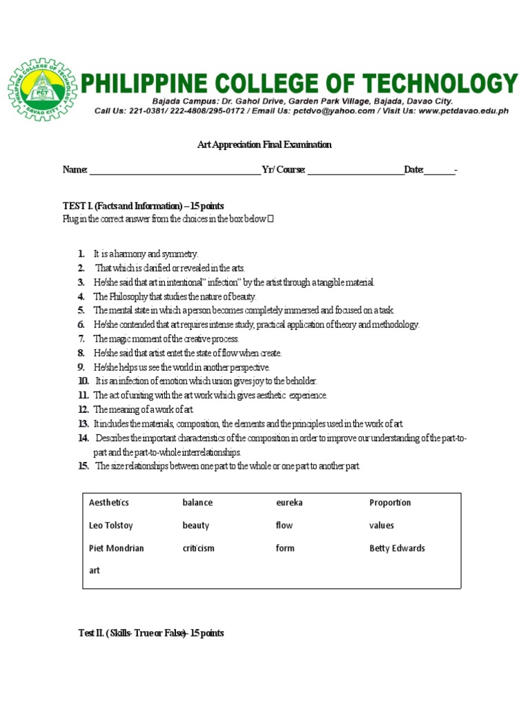 Art Appreciation Final Examination | PDF | Aesthetics | Cognition