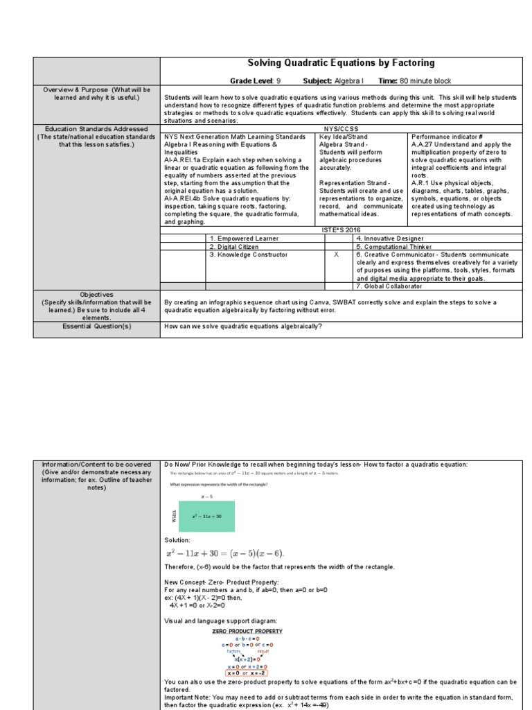 Educ 580 Week 8 Lesson Plan | PDF | Quadratic Equation | Factorization