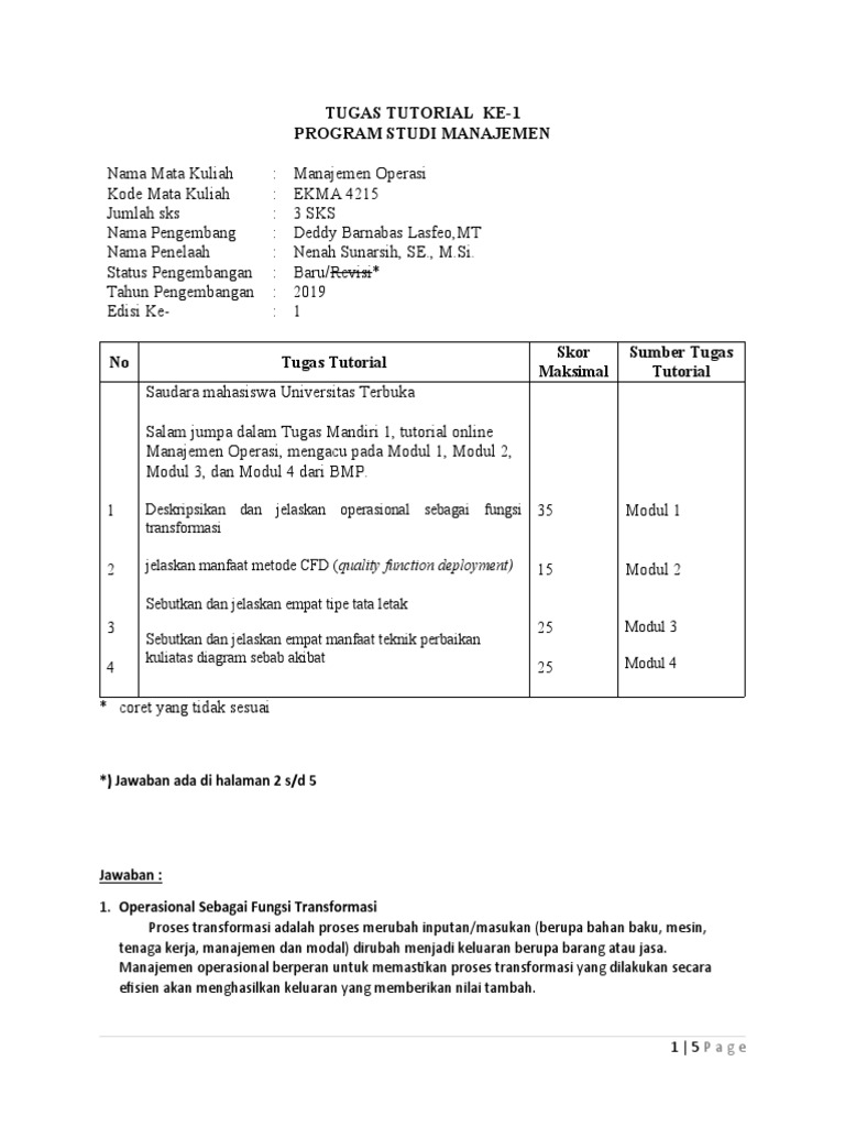 Tugas 1 - Manajemen Operasi EKMA 4215 | PDF | Teknologi & Rekayasa
