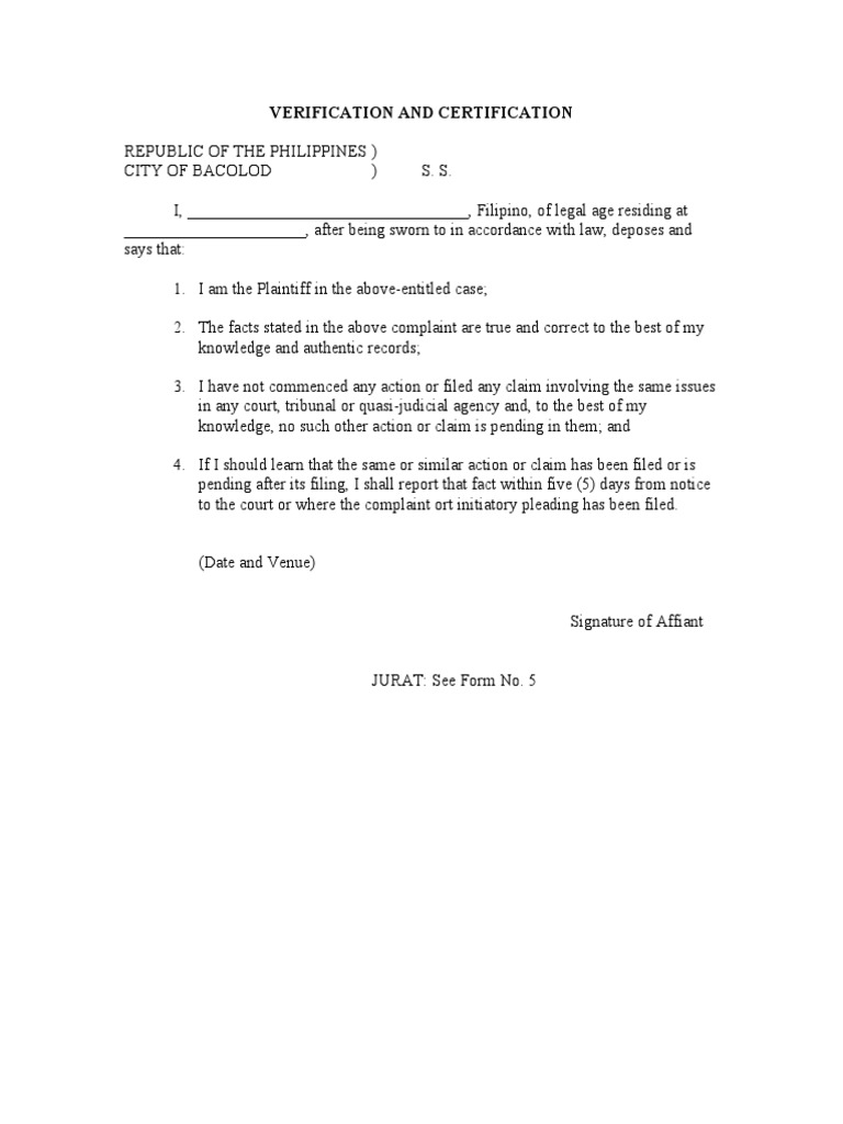 FORM NO. 6 Verification and Certification of Non-Forum Shopping (Of ...
