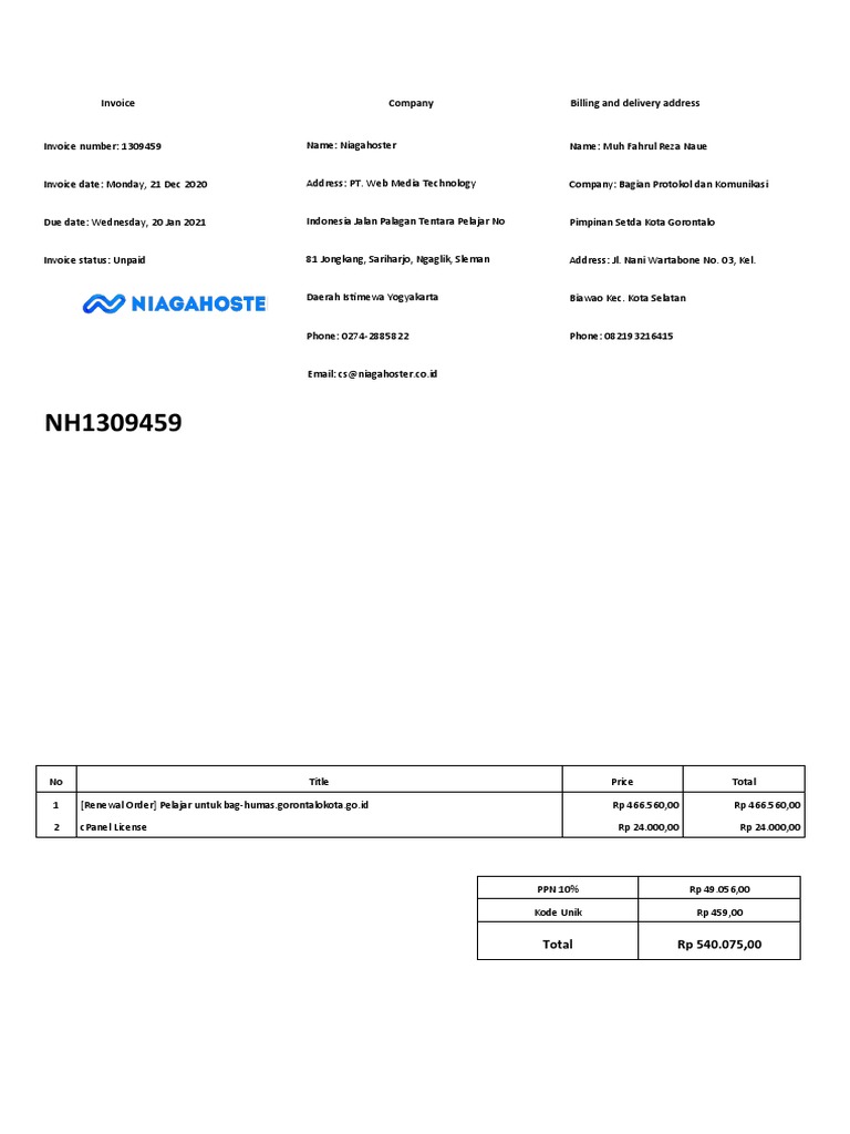Renewal Invoice for Web Hosting and Domain Services for Gorontalo City ...